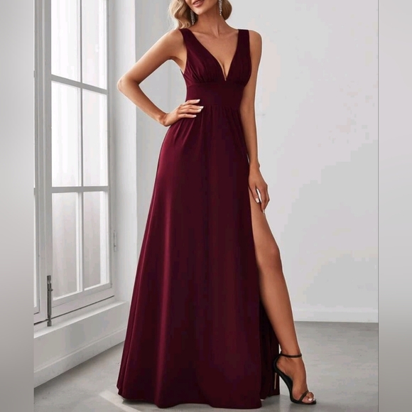 Dresses | New Luxe Deep V Split Leg Maxi Dress Flowy Burgundy Red ...